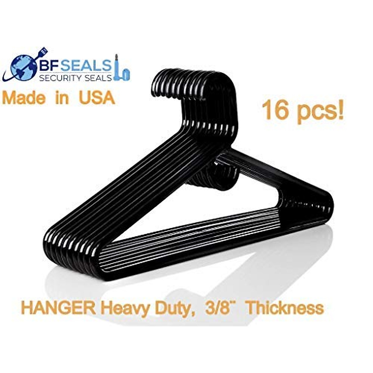 Plastic Hangers HD Heavy Duty, 16 Pcs. Black Color, Made in USA, 3/8” Thickness, Durable, Tubular, Lightweight, for Clothes, Coat, Pants, Shirts, Dress and More, TINEFF, Free and Quick delivery.
