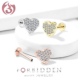 Forbidden Body Jewelry 16g 6mm Internally Threaded Cartilage/Tragus/Labret/Monroe Stud w/CZ Heart Top, 14k Gold Plated