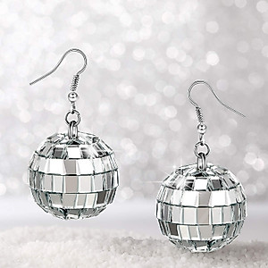 Hicarer Disco Mirror Ball Earrings 60's or 70's Dance Party Silver Costume Accessories for Women and Girls 2024 New Year Party(5 Pairs)