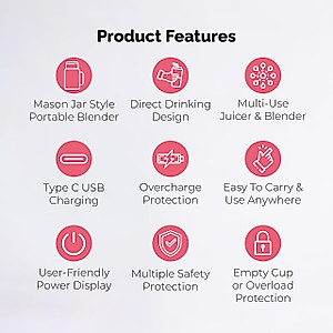 BlendQuik, Personal Portable Blender For Shakes & Smoothies, Leakproof & Stylish Portable Mason Jar Shaker, Rechargeable Mini Blender with 10-Blade Blending System 14oz, Pink