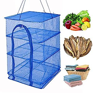 WEISGJA Drying Rack 4 Layers Folding Fish Mesh, Foldable Nylon Netting, Hanging Drying Fish Net, for Shrimp Fish Fruit Vegetables Herb, with Zipper Opening-Blue (25.59X13.78X13.78 in)…