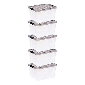IRIS USA 5 Pack 32 Quart Stack & Pull™ Clear Plastic Storage Box with Buckles, Gray