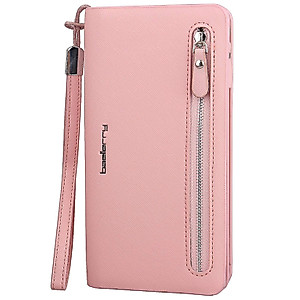 Women’s Long PU Leather Wallet with Credit Card Holders Money Organizer Zipper Purse Wristlet Handbag (A Pink)