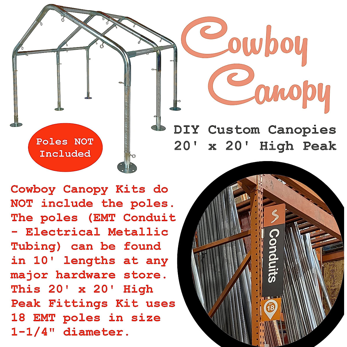 Carport Kit, 20' x 20' High Peak Canopy Fittings, DIY Metal Carport Frame Parts, 1-1/2" EMT Fittings