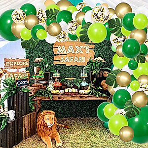 RUBFAC 134pcs Jungle Safari Balloons Garland Arch Kit, Green and Gold White Confetti Balloons with Artificial Tropical Palm Leaves for Birthday Baby Shower Wild One Animal Dinosaur Theme Decoration