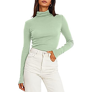 Trendy Queen Womens Turtleneck Long Sleeve Shirts Mock Neck Fall Fashion Basic Layering Tight Stretch Thermal Underwear Scrub Fashion Outfits Business Clothes Sage