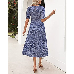 Maggeer 2023 Summer Cute Boho Tiered Puff Short Sleeve Smocked Midi Dresses for Women Blue-1 XS