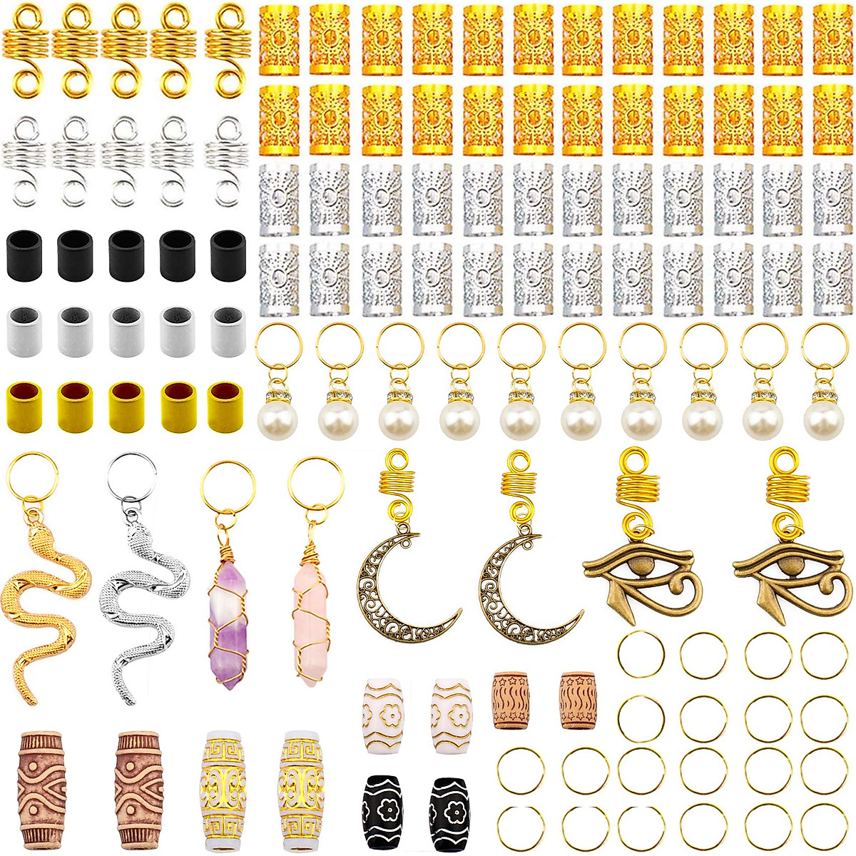 Messen 121Pcs Dreadlocks Jewelry Crystal Wire Wrapped Loc Adornment Imitation Wood Beads Braid Accessories Hair Cuffs Beard Tube Beads Pearl Pendants for Braids Hair Clip Decoration