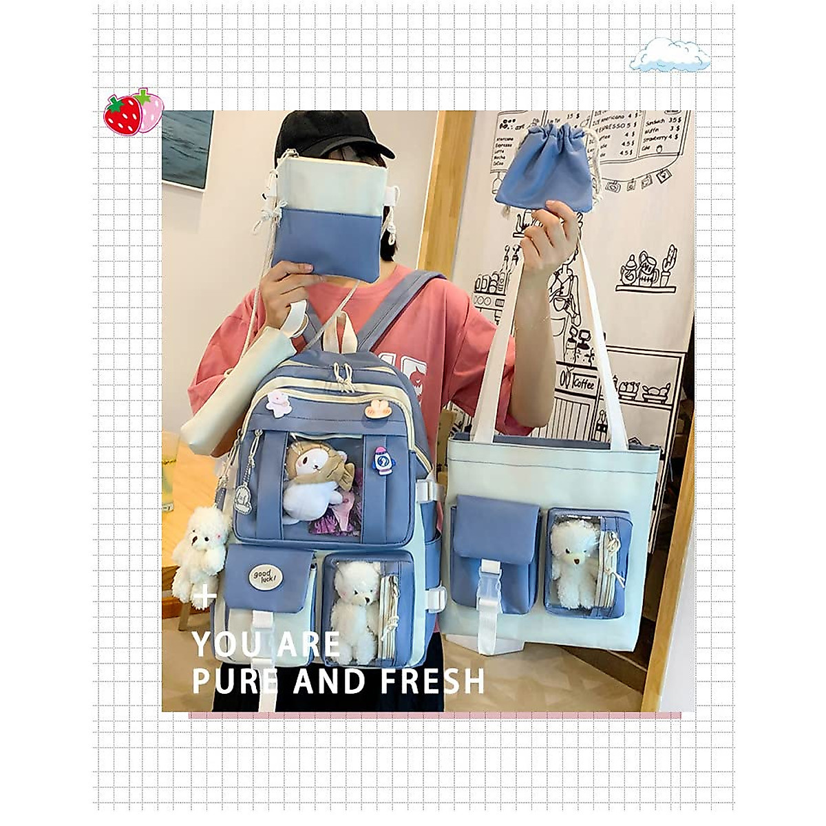 Kawaii Backpack with Cute Pins Aesthetic Accessories, Shoulder Bag with Pencil Bag Waist Bag Set for Girls (Blue, One size)