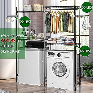 YEPOTUE Clothes Drying Rack, 4 Tiers Laundry Room Organization and Storage with Adjustable Shelves, Heavy-Duty Over Washer and Dryer Shelves Space Saver Closet Rack Towel Storage Black