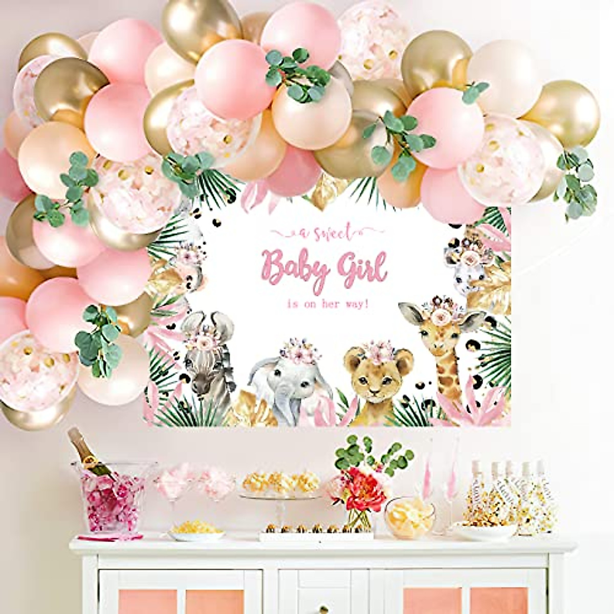 Jungle Safari Baby Shower Backdrop for Girls Wild Animals A Sweet Baby Girl is On Her Way Baby Shower Party Decorations Floral Greenery Photography Party Cake Table Photography Background 5X3Ft