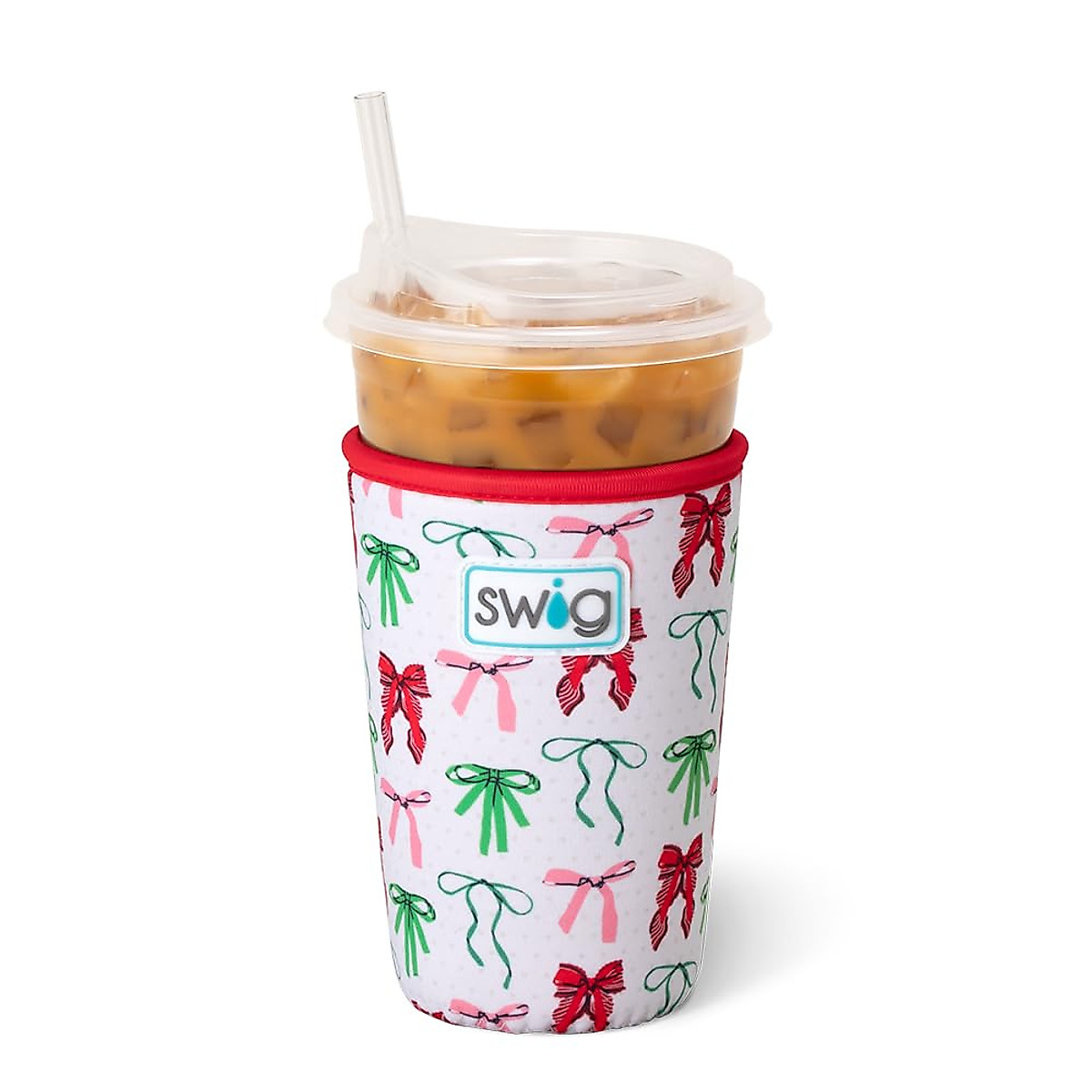 Swig Life Iced Cup Coolie, Standard 22oz Iced Coffee Cup Insulator Sleeve with Handle, Neoprene Insulated Coolie Keeps Drinks Cold (Ribbons and Bows)