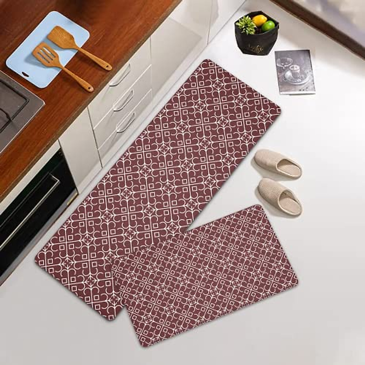 Artnice Anti Fatigue Kitchen Floor Mat Set of 2 PCS, Non Skid Comfort Kitchen Rug, Ergonomic Standing Desk Mat for Home, Office, Sink, Laundry, White Floral Grid Red