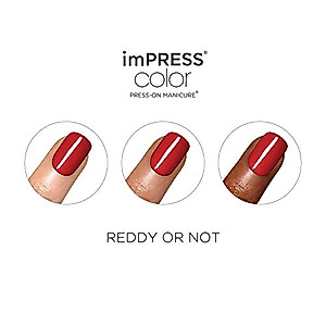 KISS imPRESS Color Polish-Free Solid Color Press-On Nails, PureFit Technology, Short Length, 'Reddy or Not', Includes Prep Pad, Mini Nail File, Cuticle Stick and 30 Fake Nails