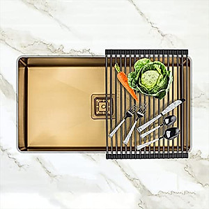 Strictly Sinks Stainless Steel Dish Drying Rack – Gold 21 X 13 Inches Roll Up Dish Drying Rack – Multipurpose Foldable Over The Sink Kitchen Drainer, Countertop Cooling Rack