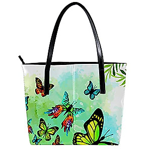 DEYYA Women's Leather Purse and Handbag, Large Capacity Top Handle Satchel Purses Shoulder Bag Butterflies Green