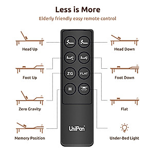 UniPon Adjustable Bed Frame Base King Size, Wireless Remote Control, Zero Gravity, Under Bed Lighting, USB Charging Station, Silent Motor, Mattress Retaining Bar, Anti-Sliping Suede Cover