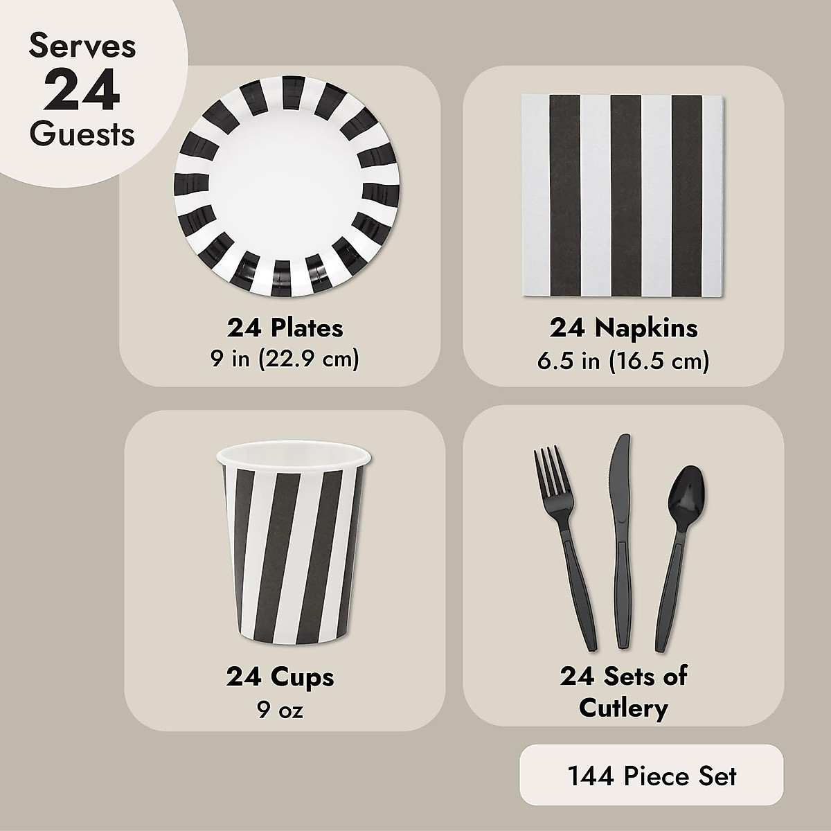 BLUE PANDA 144 Piece Black and White Party Decorations - Serves 24 Striped Party Supplies with Plates, Napkins, Cups and Cutlery for Birthday, Graduation