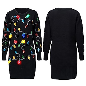 Giggling Getup Women's Black Long Christmas Dress with Colorful Light Up Bulbs, Cute Winter Themed Ugly Sweater, Light Bulb Xmas Dress