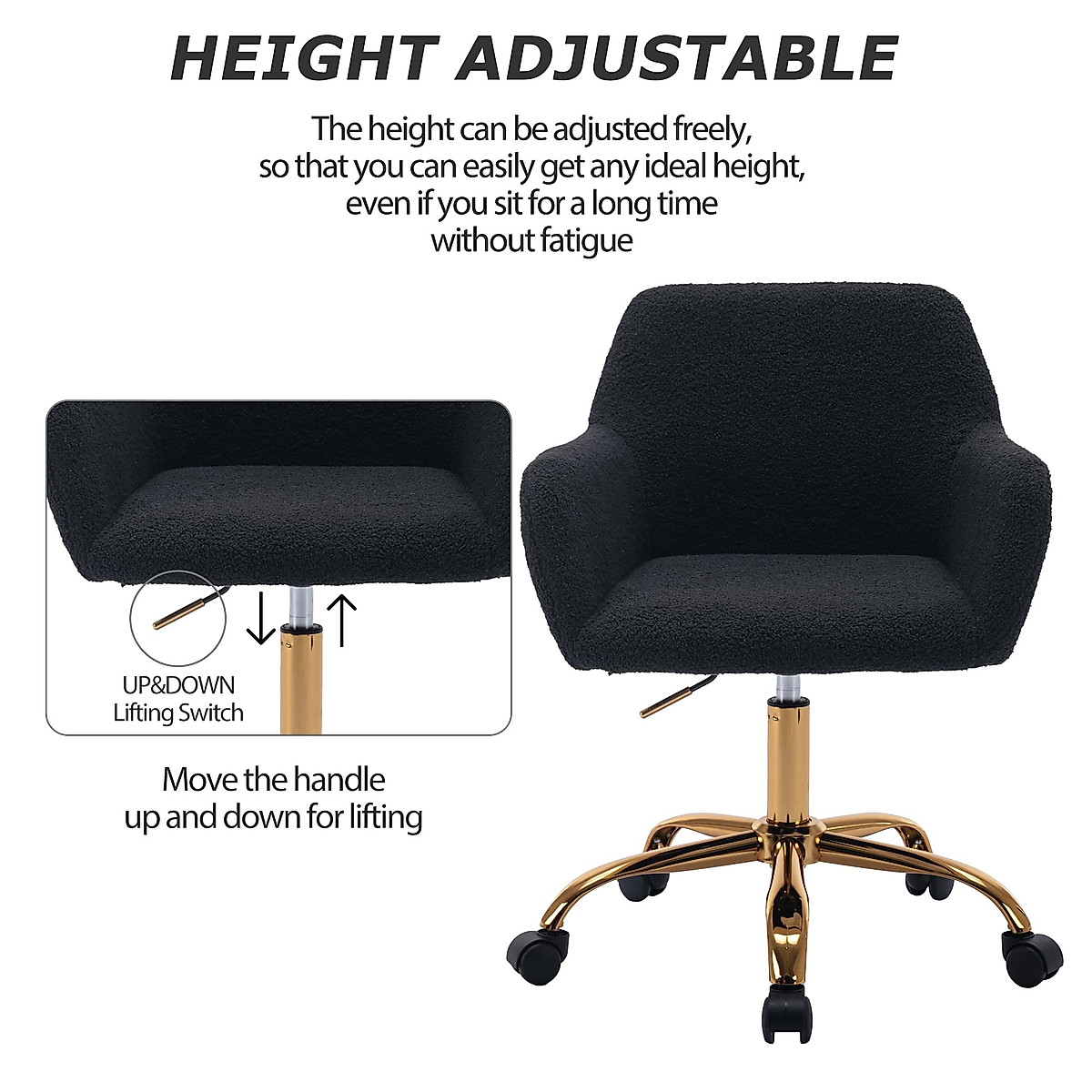 KCC Faux Fur Office Desk Chair, Comfy Swivel Armchair with Wheels, Upholstered Fuzzy Vanity Chair, Adjustable Seat Height, Black