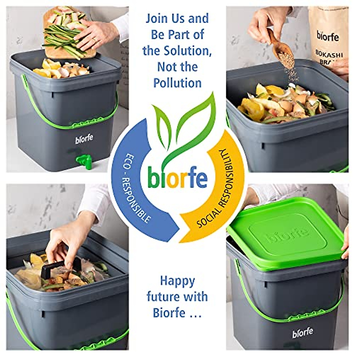Biorfe 2 Bucket Bokashi Compost Starter Kit, All Season Indoor Beginners Composter, Countertop Kitchen Bokashi Bin, Composting Container with 6.6 lb Compost Bran, Food Recycler for Living Indoor