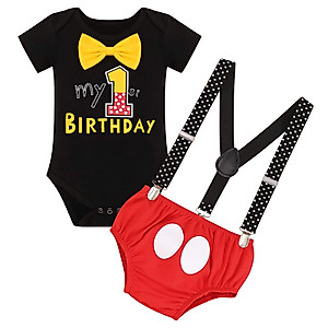 IBTOM CASTLE Baby Boys One Year Old Birthday Cake Smash Outfit Romper Bloomers Suspenders 3PCS Photo Props Funny First Birthday Clothes Set Black-My 1st Birthday 12-18 Months