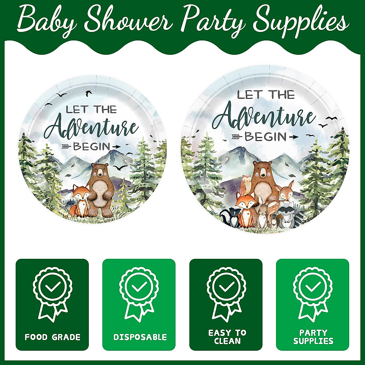 XIENBLOC 120pcs Let The Adventure Begin Party Supplies Baby Shower Plates Napkins Tableware Set Disposable Cups Green Forks Adventure Party Supplies for 24 Guests