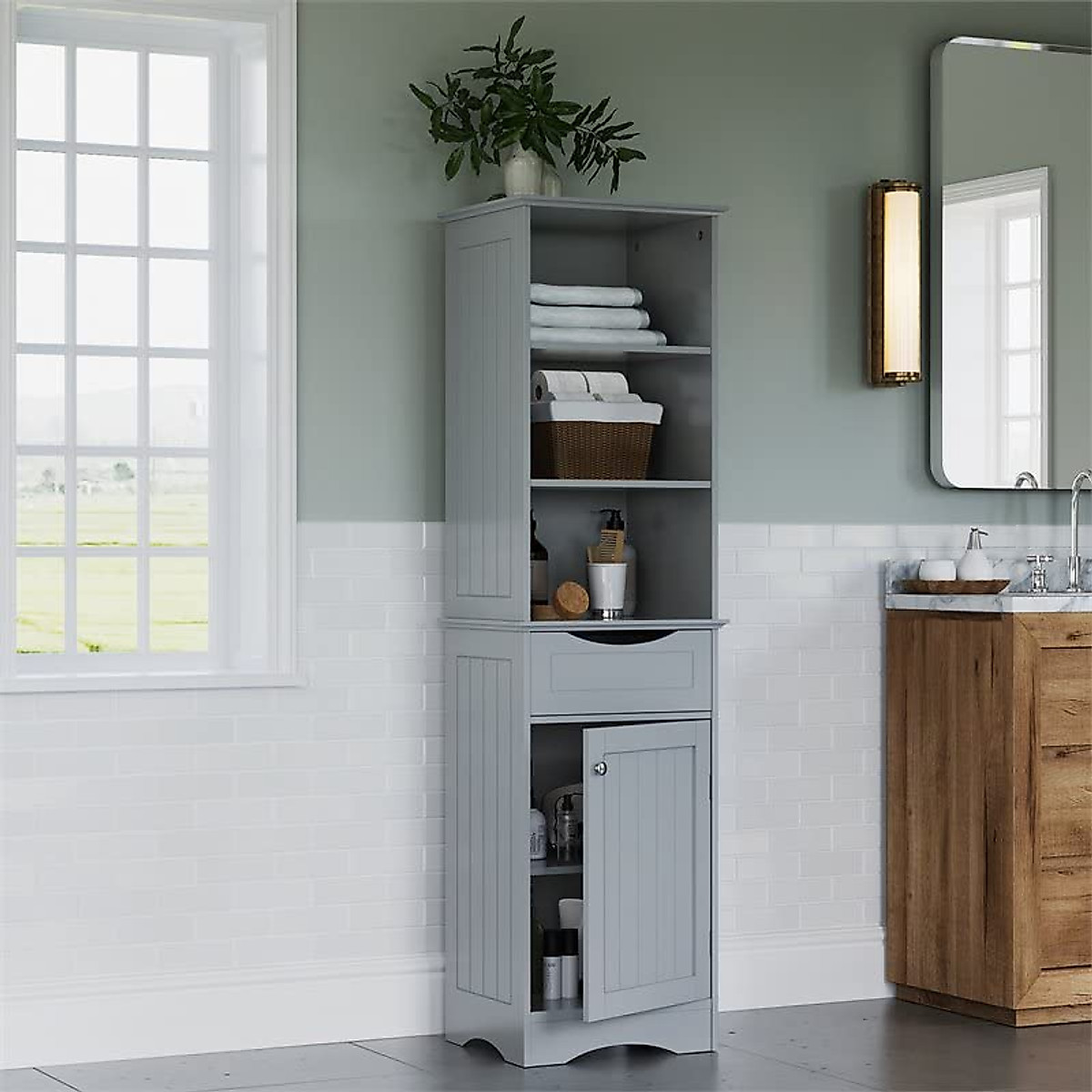 RiverRidge, Gray Ashland Bathroom Freestanding Storage Cabinet with Three Open Shelves and Drawer, Size