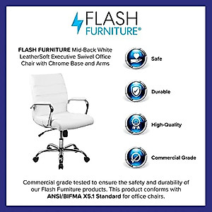Flash Furniture Whitney Mid-Back Desk Chair - White LeatherSoft Executive Swivel Office Chair with Chrome Frame - Swivel Arm Chair