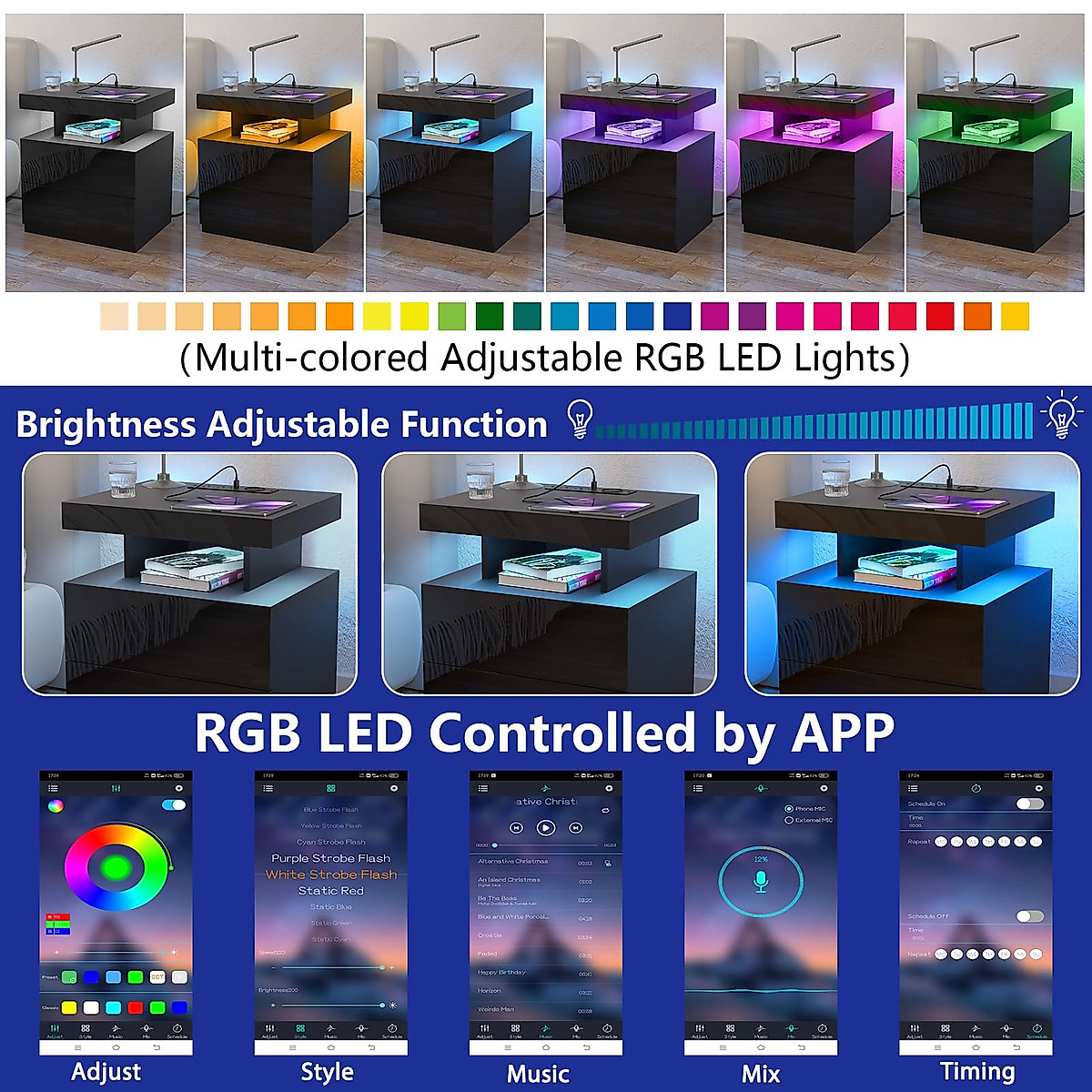 HOMMPA Black LED Nightstand with Charging Station 2 Outlets USB Port Type C, Bed Side Table with 2 Drawers & Wireless Charging Station, Smart LED Nightstand Modern High Gloss Night Table with Light