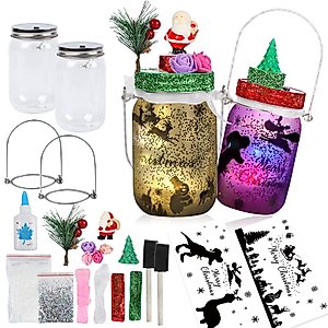 2 Pack Christmas Jar Lantern Craft Kit for Kids, Arts and Crafts DIY Musical Fairy Night Light Santa Elk Lamp Birthday Supplies Gift Xmas Christmas Stocking for Home Garden Decor