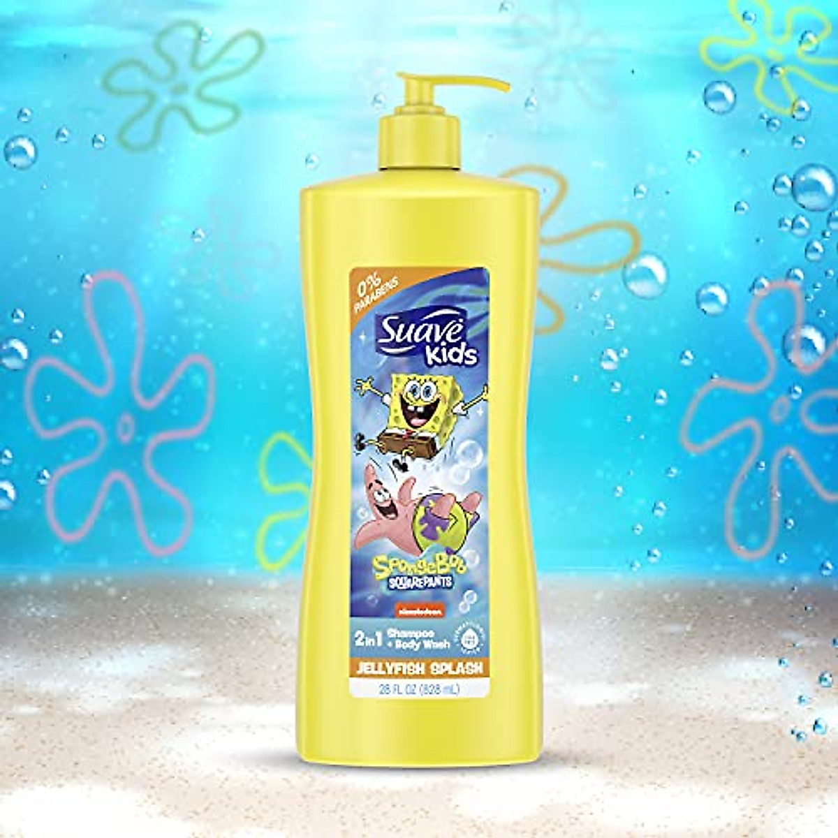 Suave Kids 3 in1 Shampoo & Body Wash for Kids Nickelodeon Spongebob Dermatologist-Tested and Tear-free, Strawberry, Yellow, 28 Fl Oz