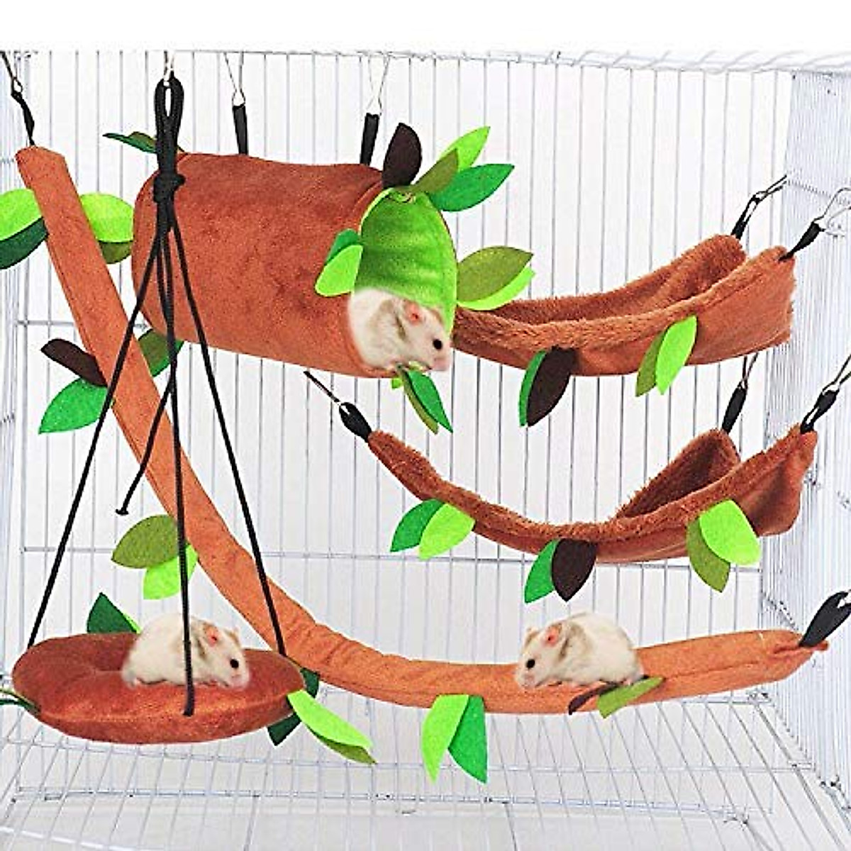 Aulufft Hamster Hammock, 5Pcs Hamster Sleeping Nest Hanging Tunnel and Swing for Sugar Glider Squirrel Playing Sleeping,Sugar Glider Toys Hamster Swing,Jungle Set Plush Warm Beds for Animal
