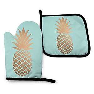 MSGUIDE Gold Pineapple Mint Green Oven Mitts and Pot Holders, 356℉ Heat Resistant Oven Gloves Soft Cotton Lining Gloves for Kitchen, Cooking, Baking, Grilling, BBQ