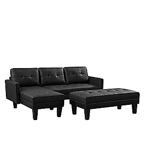 UBGO Living Room Modular, 3 Piece Furniture Set, PU Faux Leather Sectional,Convertible Bed,L-Shape Sofa Chaise Lounge with Ottoman Bench for Office Apartment,Black