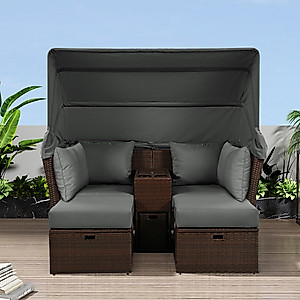 P PURLOVE Outdoor Loveseat Chaise Lounge with Canopy, 2-Seater Outdoor Patio Double Daybed with Foldable Awning and Cushions, Outdoor Loveseat Sofa Set for Lawn, Garden, Backyard, Porch Pool (Grey)