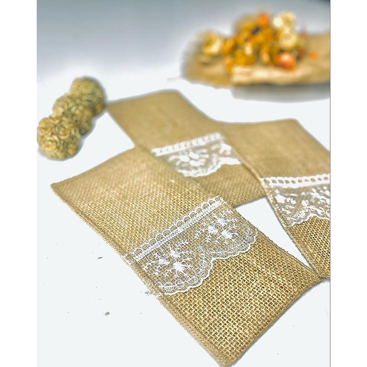 meditroia (Troia Textil(12,Pieces) Burlap Cutlery Holders Lace Utensil Pouch Knifes Forks Bag for Vintage Natural Wedding (4x8inch)