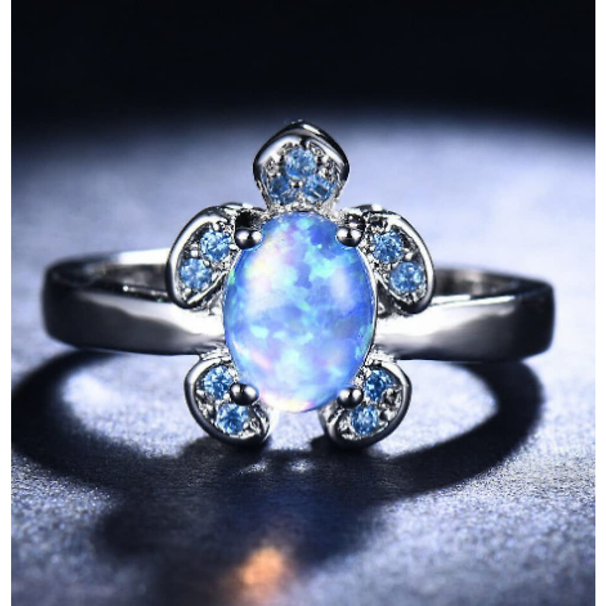 HUKQBUNX 925 Sterling Silver Blue Opal Lovely Little Turtle Innovative Design Beach Wave Vacation Wave Ring Women's Precious Jewelry Size 6-10 (Size 9)