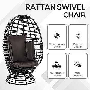 Outsunny Outdoor Wicker Egg Chair with Cushion, Lounge Chair Rattan 360 Degree Round Basket Chair for Backyard Garden Lawn Indoor Living Room, Brown