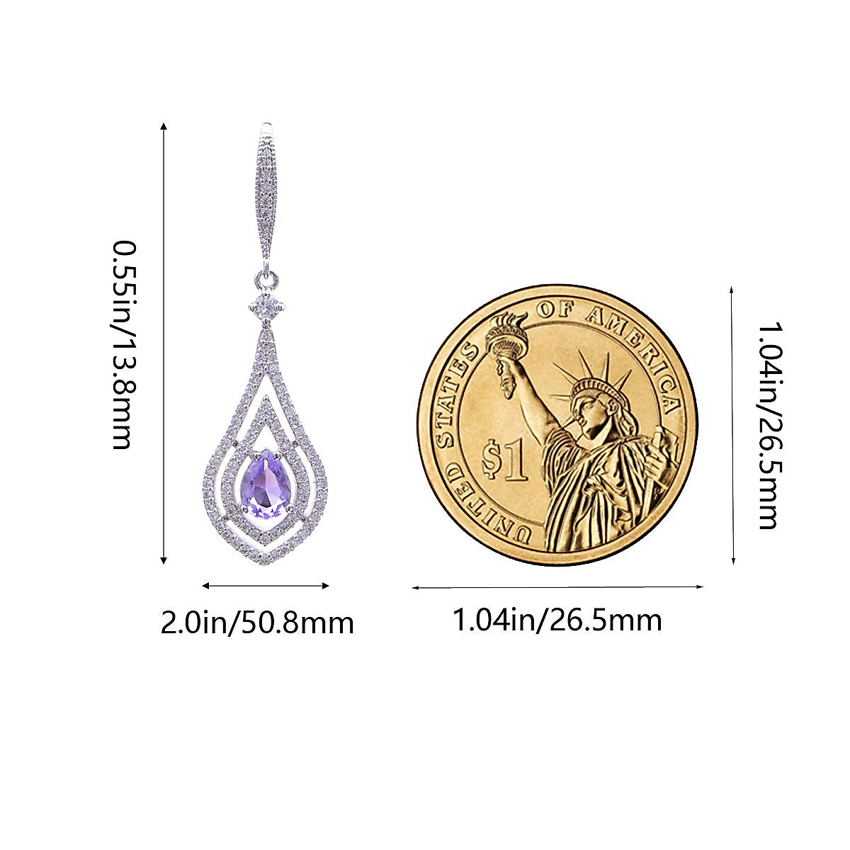 Amethyst Dangle Earrings for Women - Long Silver Teardrop Purple Crystal Cubic Zirconia CZ Chandelier Drop Earrings for Wedding Party Prom Bridal Earring for Bride Bridesmaids Birthstone Jewelry