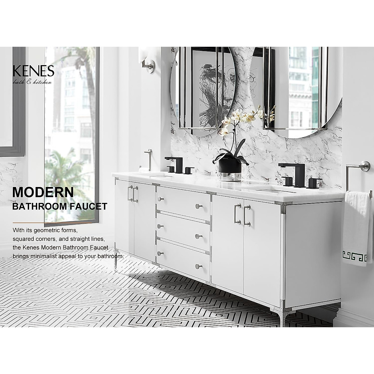 KENES Black Widespread Bathroom Faucet 3 Hole Bathroom Sink Faucet Matte Black Two Handle, 8-Inch 3 Pieces Bathroom Vanity Faucet with Pop Up Drain & Supply Lines, KE-9050-2-P