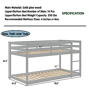 Bunk Beds Twin Over Twin, Wood Kids Low Bunk Bed with Guard Rails, Ladder for Young Children Boys Girls Dormitory Bedroom, No Box Spring Needed (Grey)