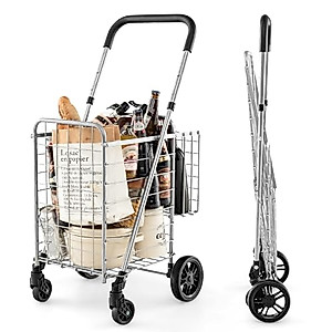 Goplus Folding Shopping Utility Cart, Double Basket and 360° Swivel Wheels, Adjustable Handle, Small Cart Perfect for Grocery Laundry Book Luggage Travel