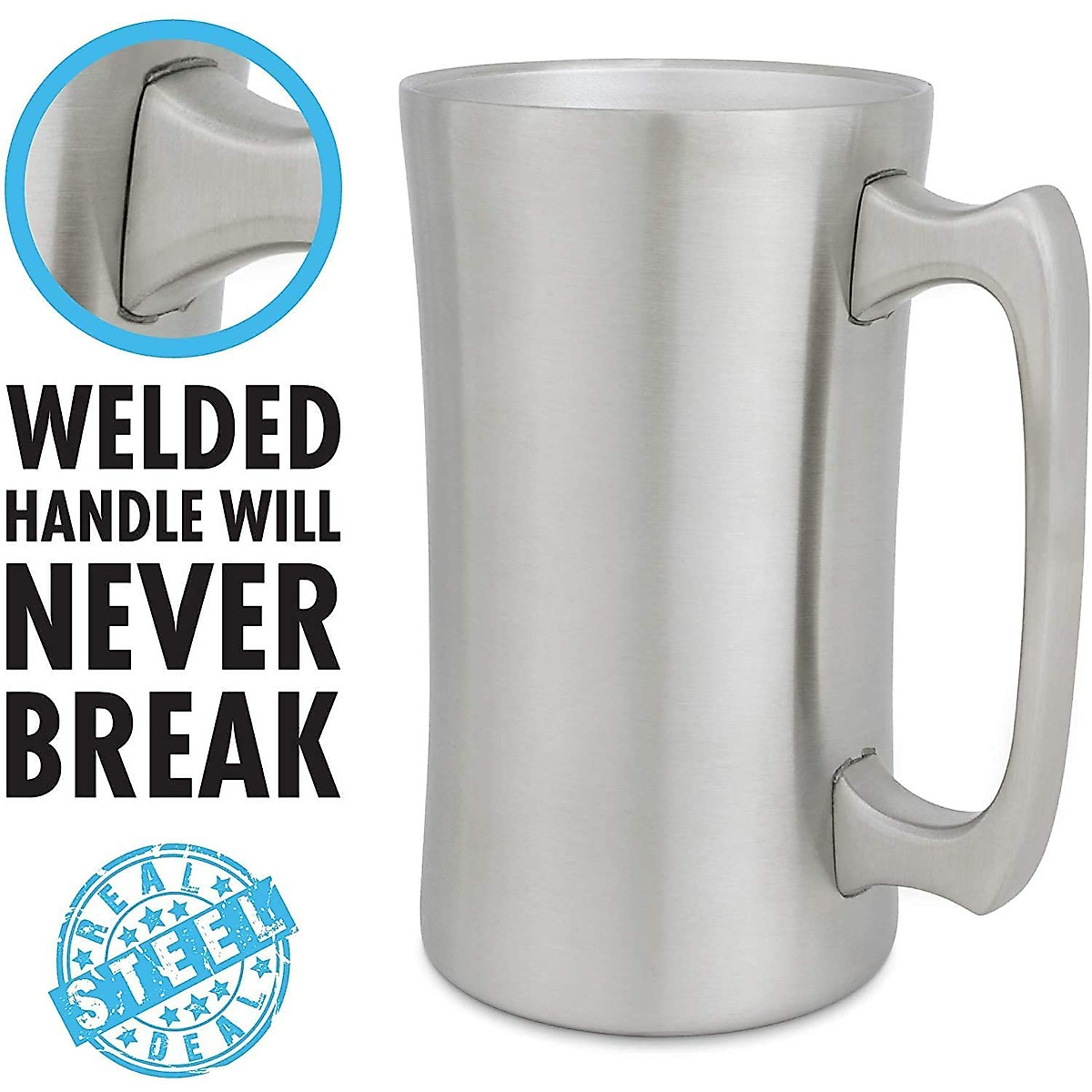 Real Deal Steel Stainless Steel Insulated Beer Mug Vacuum Beer Stein with Welded Handle - 20oz Total Capacity - Large Metal Tankard for IPA, Coffee - Double Walled Mug