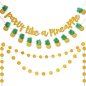 6 Pieces Pineapple Banner Party Like A Pineapple Decoration Circle Dots Garland Gold Glitter Bunting Garland for Hawaiian Luau Tropical Theme Party Supplies