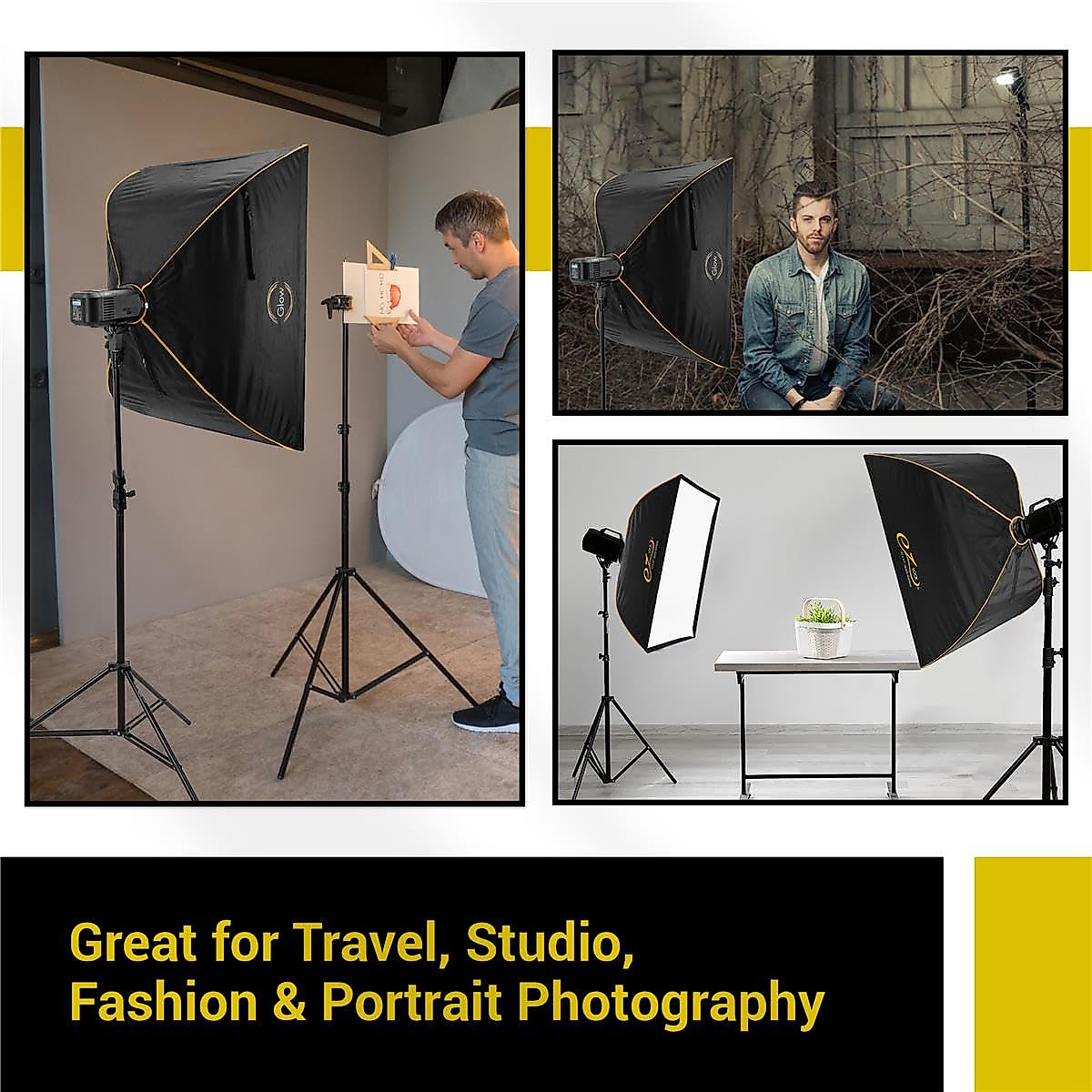 Glow EZ Lock 31x47 Quick Strip Rectangular Bowens Mount Softbox Lighting Kit with External, Internal Diffusers, Deflector Disk and Eggcrate Grid, Folding Softbox for Photography Studio Lighting