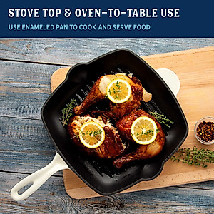 Country Living Enameled Cast Iron Square Griddle Grill Pan with Ridges, Helper Handle and Pouring Spouts for Easy Draining, Indoor Grilling Skillet, 11-Inch, Cream