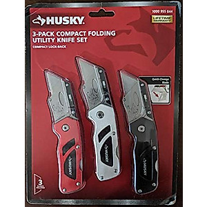 Husky Utility Knife Set 3-Piece, Utility Knife Blades with Folding Sure-Grip Lock Back Utility Knives, Quick-Change Mechanism Heavy Duty Utility Knife Blades