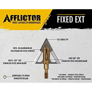Afflictor Fixed EXT Broadhead | Cut on Contact Fixed Blades | Superior Penetration | Field Point Accuracy | Durable Design | Low Profile | Shoots from Any Bow | Devastating 1-1/4" Cutting Diameter