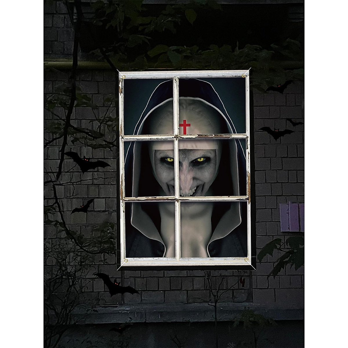Halloween Window Cover Decorations, Fabric The Nun Creepy Halloween Curtain Horror Movie Poster Window Door Covering Decor for Haunted House, Scary Halloween Window Clings Decals Indoor Outdoor